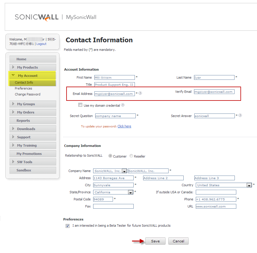 Cómo cambiar la dirección de correo electrónico registrada en MySonicwall.com | SonicWall