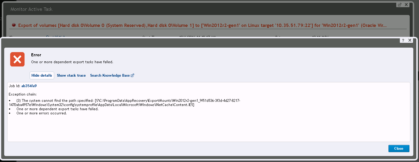 Agentless VM Virtual export/standby fails with error "The system cannot ...