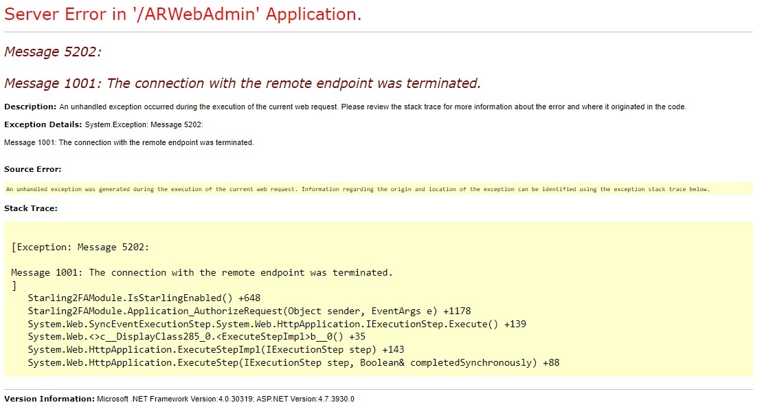 Active Roles Web Interface shows "The connection with the remote ...