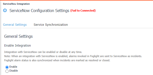 ServiceNow Integration shows Failed to Connect (4371413)