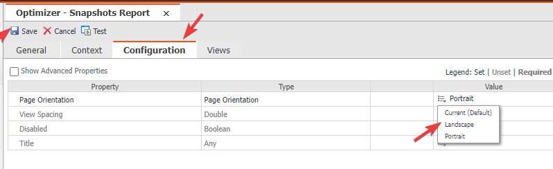 Page orientation in Optimizer - Snapshots report (4372539)