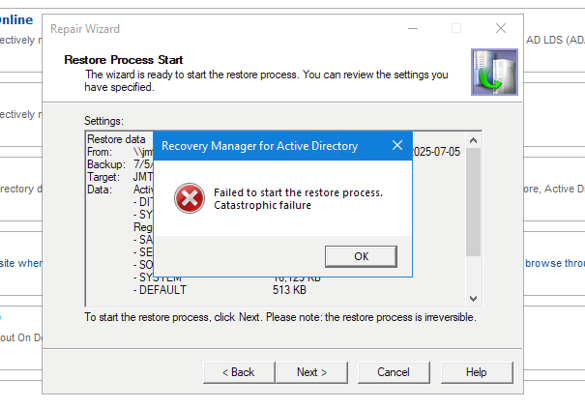 Active Directory Offline Restore Fails with "Catastrophic Failure ...