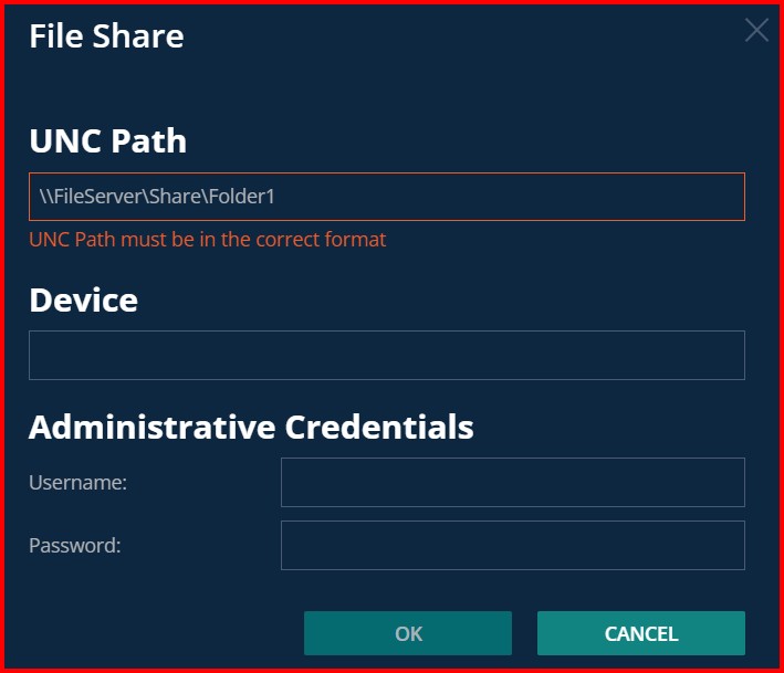 Error message while adding File share "UNC Path must be in the correct ...